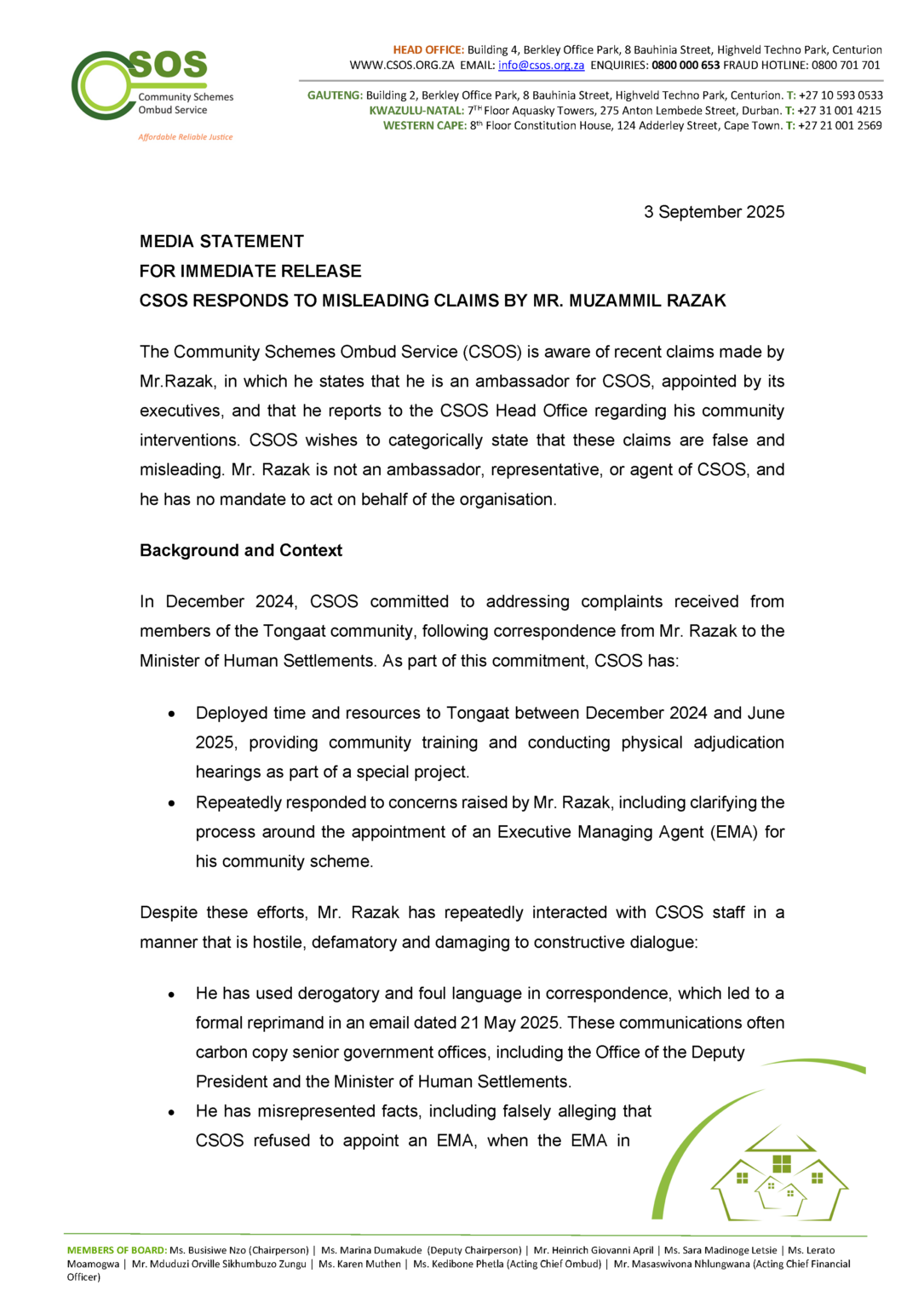 CSOS RESPONDS TO MISLEADING CLAIMS BY MR. MUZAMMIL RAZAK – CSOS