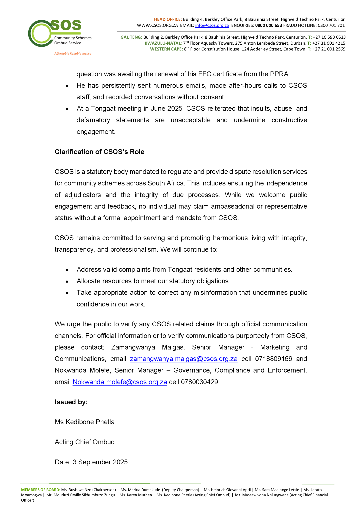 CSOS RESPONDS TO MISLEADING CLAIMS BY MR. MUZAMMIL RAZAK – CSOS